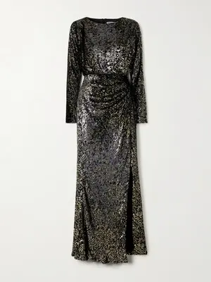 Simkhai Angelique Ruched Metallic Fil Coupé Velvet Gown - Black