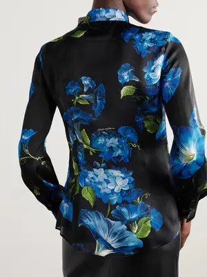 Dolce & Gabbana Hand-printed Silk Blouse With Pussy-bow And Detachable Flower Accent