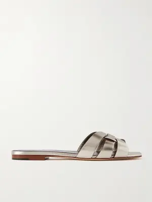 Saint Laurent SAINT LAURENT Tribute Woven Metallic Leather Slides Silver