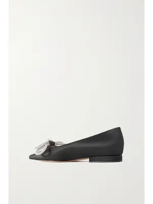 Mach & Mach Double Bow Crystal-embellished Satin Pointed-toe Flats - Black