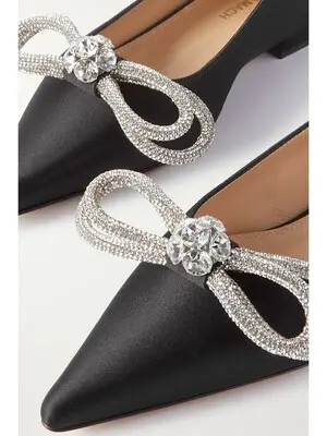 Mach & Mach Double Bow Crystal-embellished Satin Pointed-toe Flats - Black