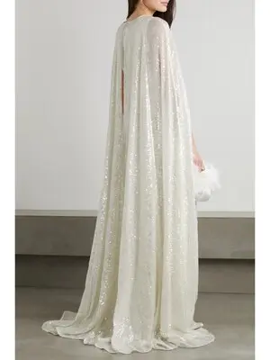 Erdem Kenley Cape-effect Sequined Chiffon Gown - Neutrals