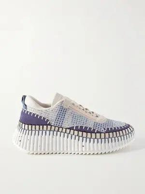 Chloé Nama Embroidered Recycled-mesh And Suede Sneakers - Blue