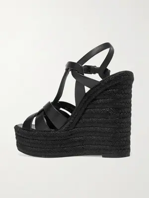 Saint Laurent Tribute Woven Leather Espadrille Wedge Sandals - Black