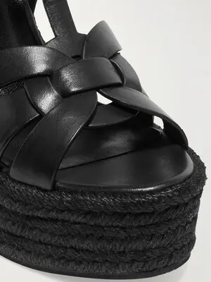 Saint Laurent Tribute Woven Leather Espadrille Wedge Sandals - Black