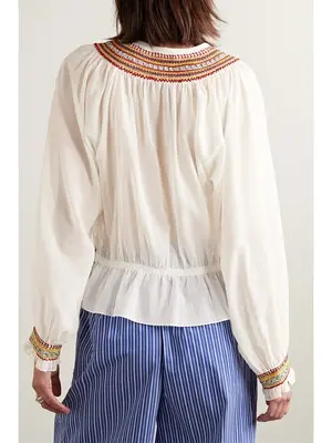 BODE Embroidered Cotton-voile Blouse With Billowy Sleeves