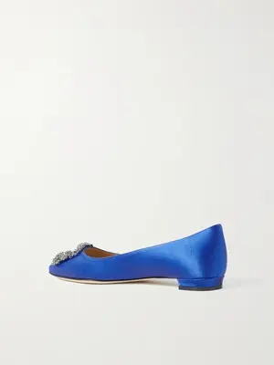 Manolo Blahnik Hangisi Crystal-embellished Satin Pointed Toe Flats - Blue
