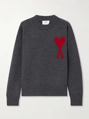 AMI Paris Intarsia Wool Sweater - Gray