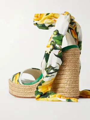 Dolce & Gabbana Lolita Floral-print Stretch-silk Espadrille Wedge Sandals - Multi