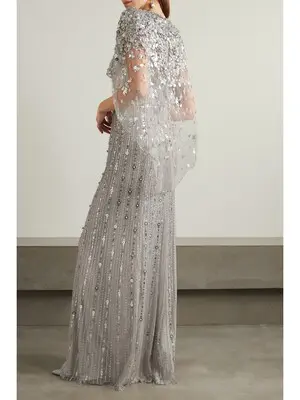 Jenny Packham Nettie Cape-effect Embellished Sequined Tulle Gown - Silver