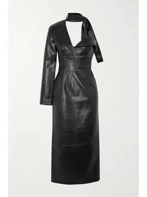 Matériel One-shoulder Faux Leather Midi Dress With Scarf Detail - Black