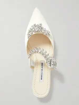 Manolo Blahnik Lurum 45 Crystal-embellished Satin Slippers - Neutrals