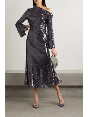 SELF-PORTRAIT Asymmetrical Sequined Mesh Midi Dress