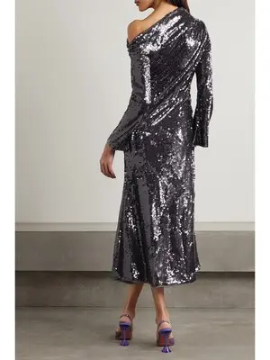 SELF-PORTRAIT Asymmetrical Sequined Mesh Midi Dress