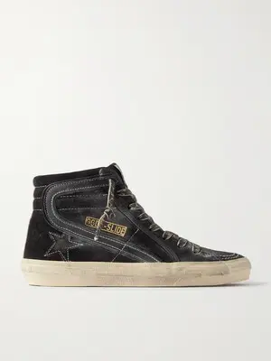 GOLDEN GOOSE Slide Distressed Suede High Top Sneakers With Leather Trim