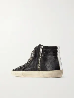 GOLDEN GOOSE Slide Distressed Suede High Top Sneakers With Leather Trim