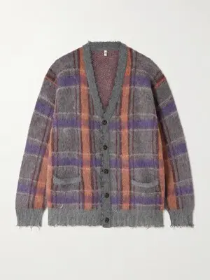 R13 Checked Frayed Brushed-knit Cardigan