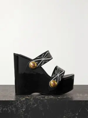 Emilio Pucci Embellished Leather Wedge Sandals - Black