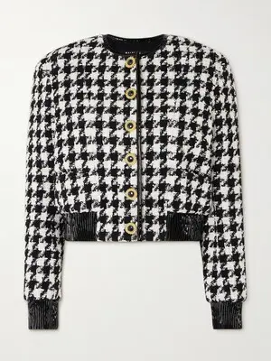 Balmain Houndstooth Tweed Jacket With Faux Patent Leather Trims - Black