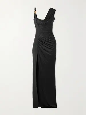 Versace Asymmetrical Embellished Draped Gown - Black