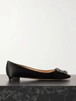 Manolo Blahnik Hangisi Crystal-embellished Satin Pointed Toe Flats - Black