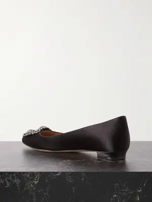Manolo Blahnik Hangisi Crystal-embellished Satin Pointed Toe Flats - Black