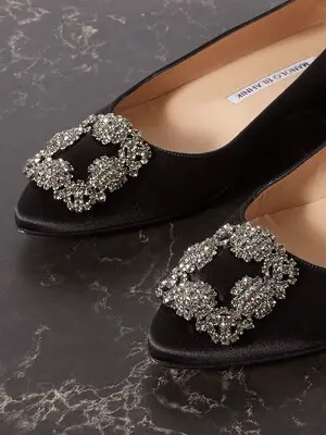 Manolo Blahnik Hangisi Crystal-embellished Satin Pointed Toe Flats - Black