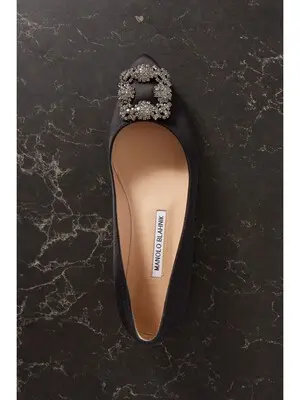 Manolo Blahnik Hangisi Crystal-embellished Satin Pointed Toe Flats - Black