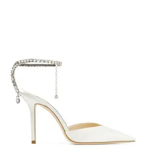 JIMMY CHOO Saeda 100 Satin Pumps With Crystal Ankle Strap - Ivory
