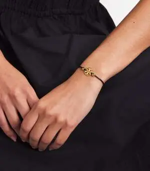Tory Burch Leather Slider Bracelet With Double T Charm - Gold