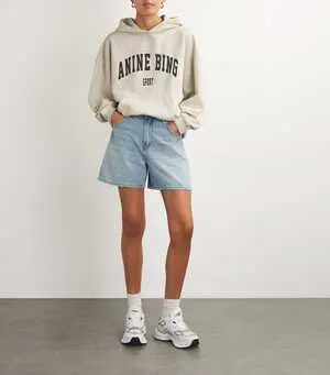 ANINE BING Harvey Textured Logo Cotton Hoodie - Grey