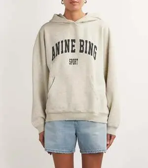 ANINE BING Harvey Textured Logo Cotton Hoodie - Grey