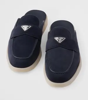 Prada Suede Triangle Mules - Blue