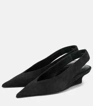TOTEME Suede Pointed Toe Wedge Slingbacks - Black