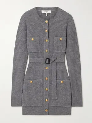 Chloé Ribbed Wool-blend Belted Mini Dress With Gold-tone Buttons