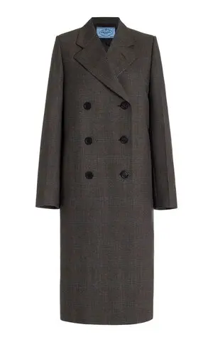 Prada Wool Mouliné Double-breasted Checked Coat - Grey