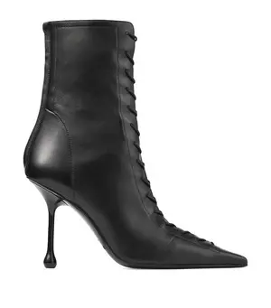 JIMMY CHOO Scarlett 95 Lace Up Leather Pointed Toe Stiletto Heel Ankle Boots