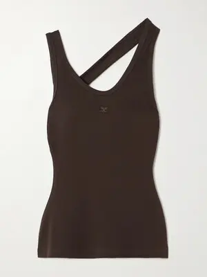 COURREGES Courrèges Asymmetric Embroidered Ribbed Stretch Cotton-jersey Tank - Brown