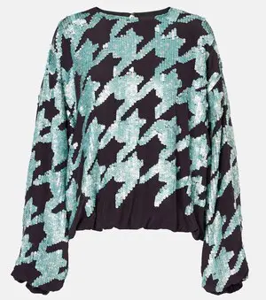 Dries Van Noten Sequined Houndstooth Silk Sweatshirt - Blue
