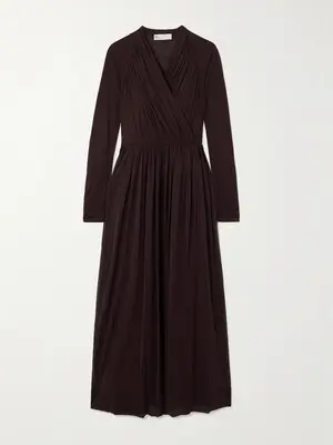 Tory Burch Wrap-effect Gathered Jersey Midi Dress - Brown