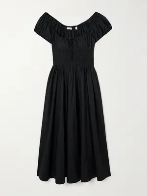 DÔEN Quinn Tie-detailed Shirred Organic Cotton-poplin Midi Dress - Black