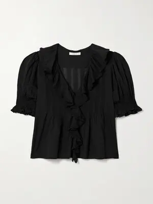 DÔEN Henri Ruffled Pintucked Organic Cotton-voile Top - Black