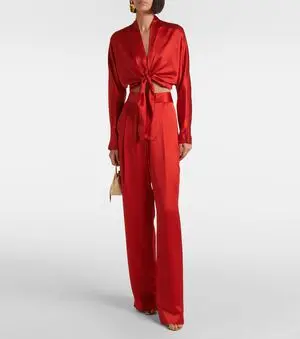 THE SEI High-rise Silk Satin Wide-leg Trousers - Red