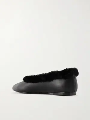 Staud Faux Fur-trimmed Leather Ballet Flats
