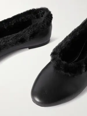Staud Faux Fur-trimmed Leather Ballet Flats