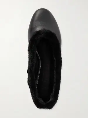 Staud Faux Fur-trimmed Leather Ballet Flats
