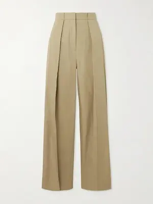 Balmain Pleated Cotton-poplin Wide-leg Trousers - Neutrals