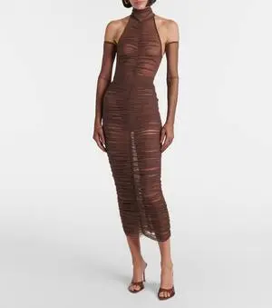 Alex Perry Ruched Mesh Midi Skirt - Brown