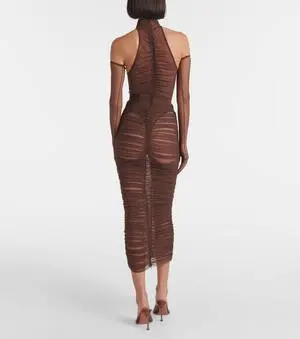 Alex Perry Ruched Mesh Midi Skirt - Brown