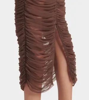 Alex Perry Ruched Mesh Midi Skirt - Brown